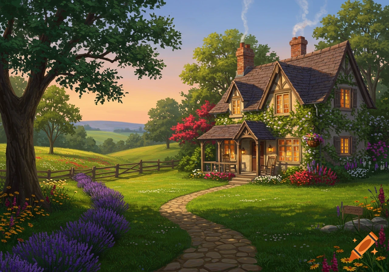An illustration of a charming cottage with a stone path and lavender ...