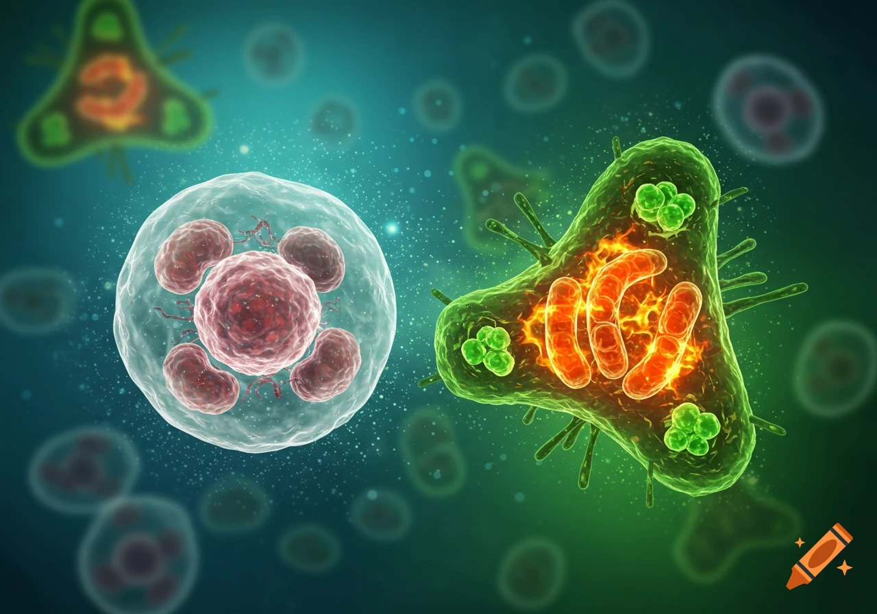 A detailed 3D illustration of a blue T-cell interacting with a purple ...