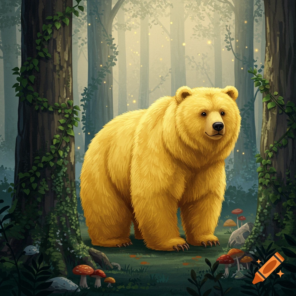 A fluffy yellow bear stands in a mystical forest with glowing fireflies ...