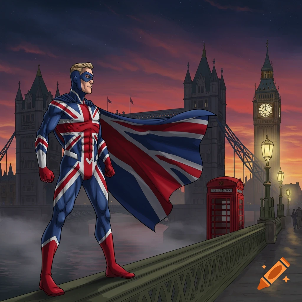 Comic art of a male superhero in a Union Jack suit and cape standing on ...