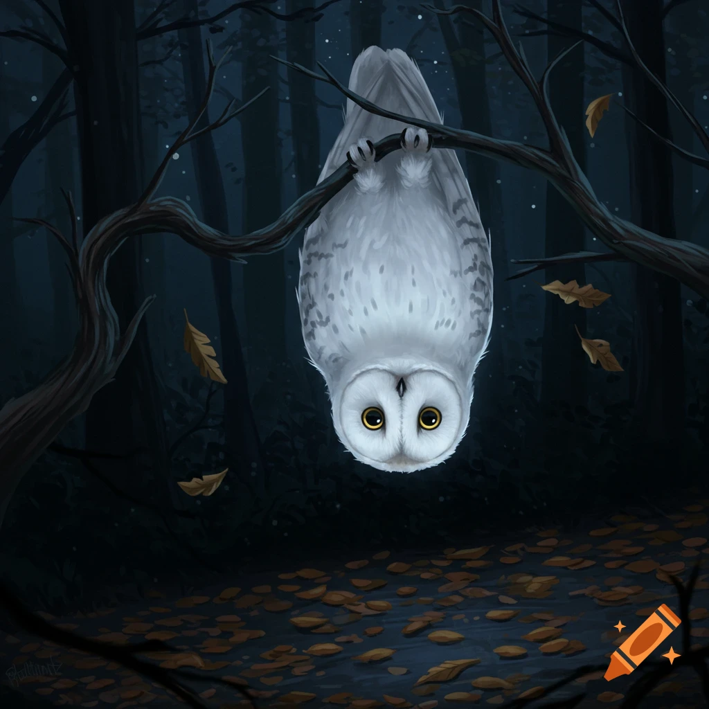 Autumnal Branch, Falling Leaves, White Owl created on Craiyon