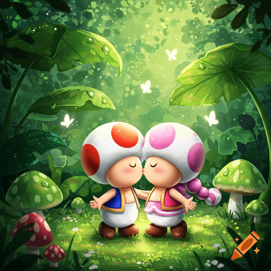 Toad kisses Toadette's cheek and hugs her in a magical forest with ...