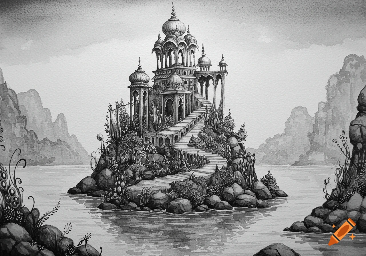 A detailed black and white watercolor illustration of an ornate, multi ...