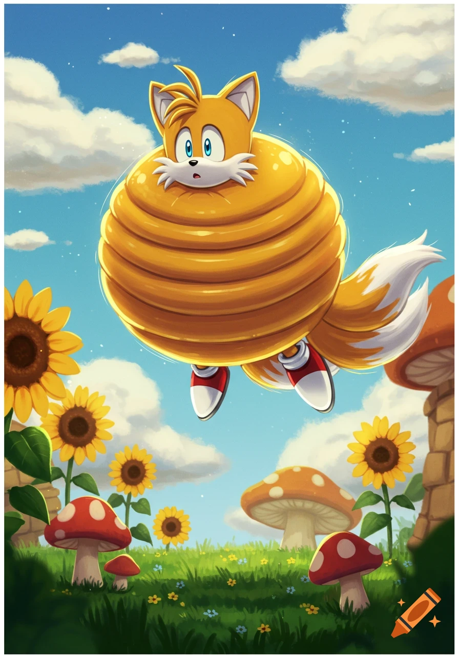 Miles 'Tails' Prower inflated like a giant yellow balloon, floating ...