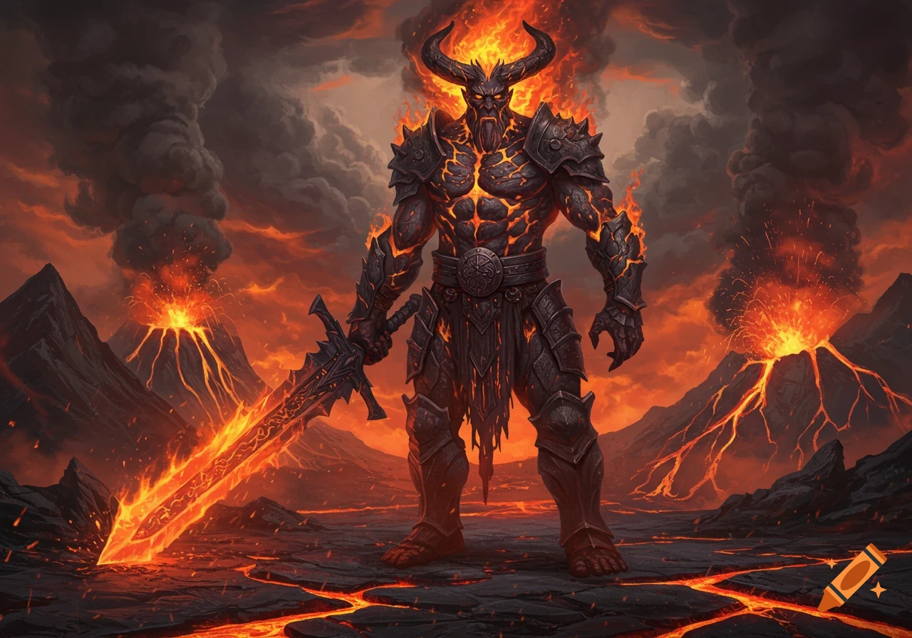A horned, muscular fire giant in dark armor stands in a volcanic ...