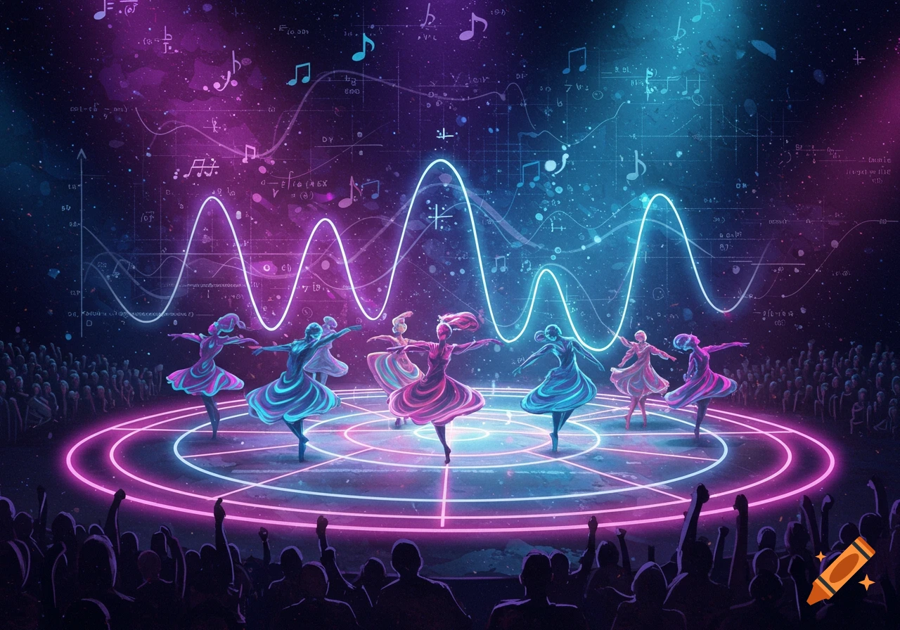 Three stylized, glowing figures dance amidst vibrant colorful waves and ...