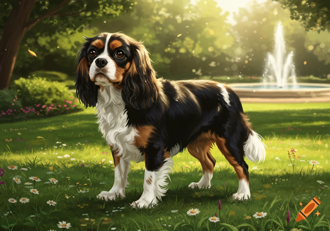 A black and white springer spaniel runs through a sunny green meadow ...