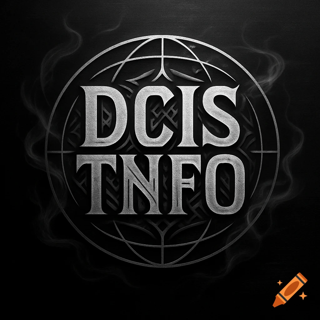 A dark silver logo with 'DCIS TNFO' in a circular metallic design ...