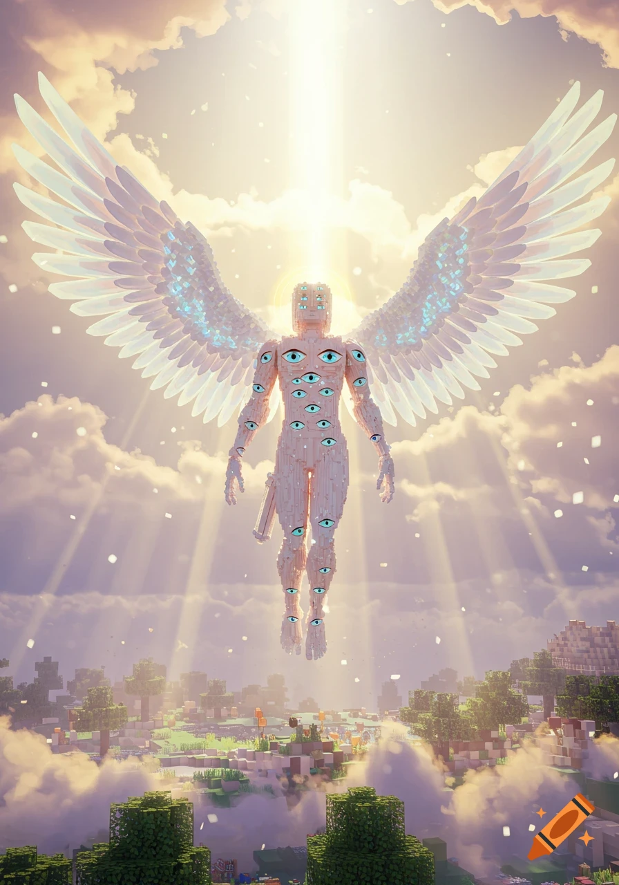 A blocky, Minecraft-style biblically accurate angel with many eyes and ...
