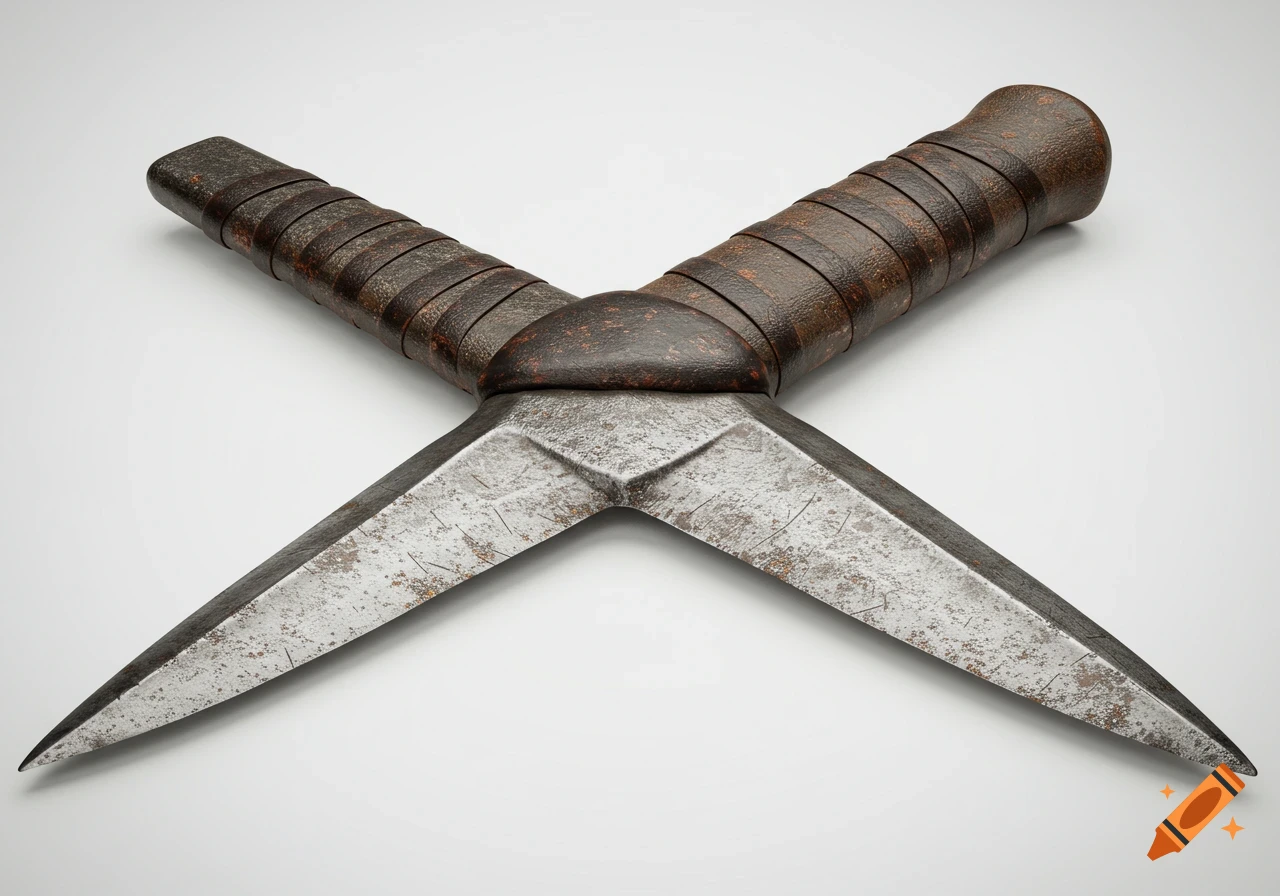 A close-up, photorealistic view of two crossed medieval daggers with ...