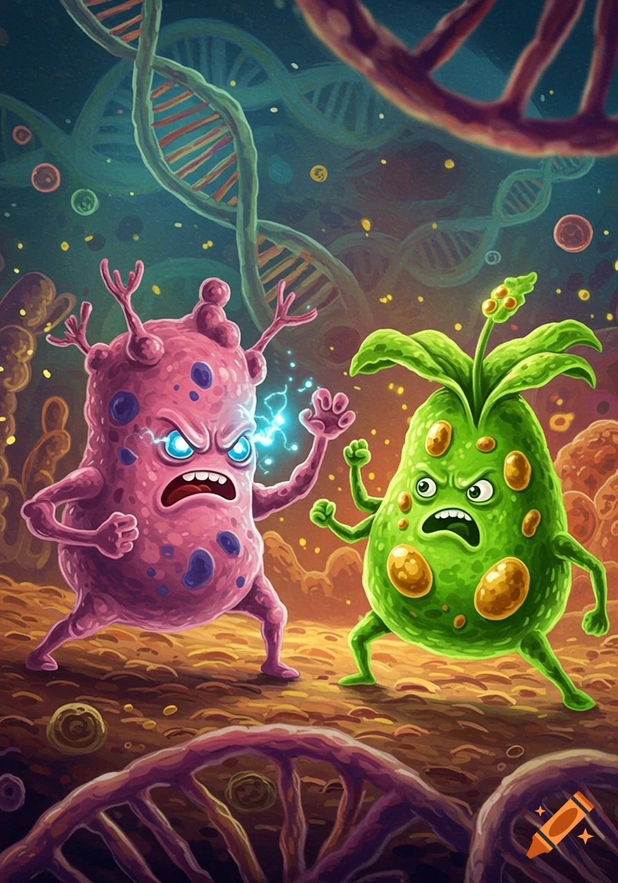 A cartoon illustration of a pink animal cell with glowing eyes fighting ...