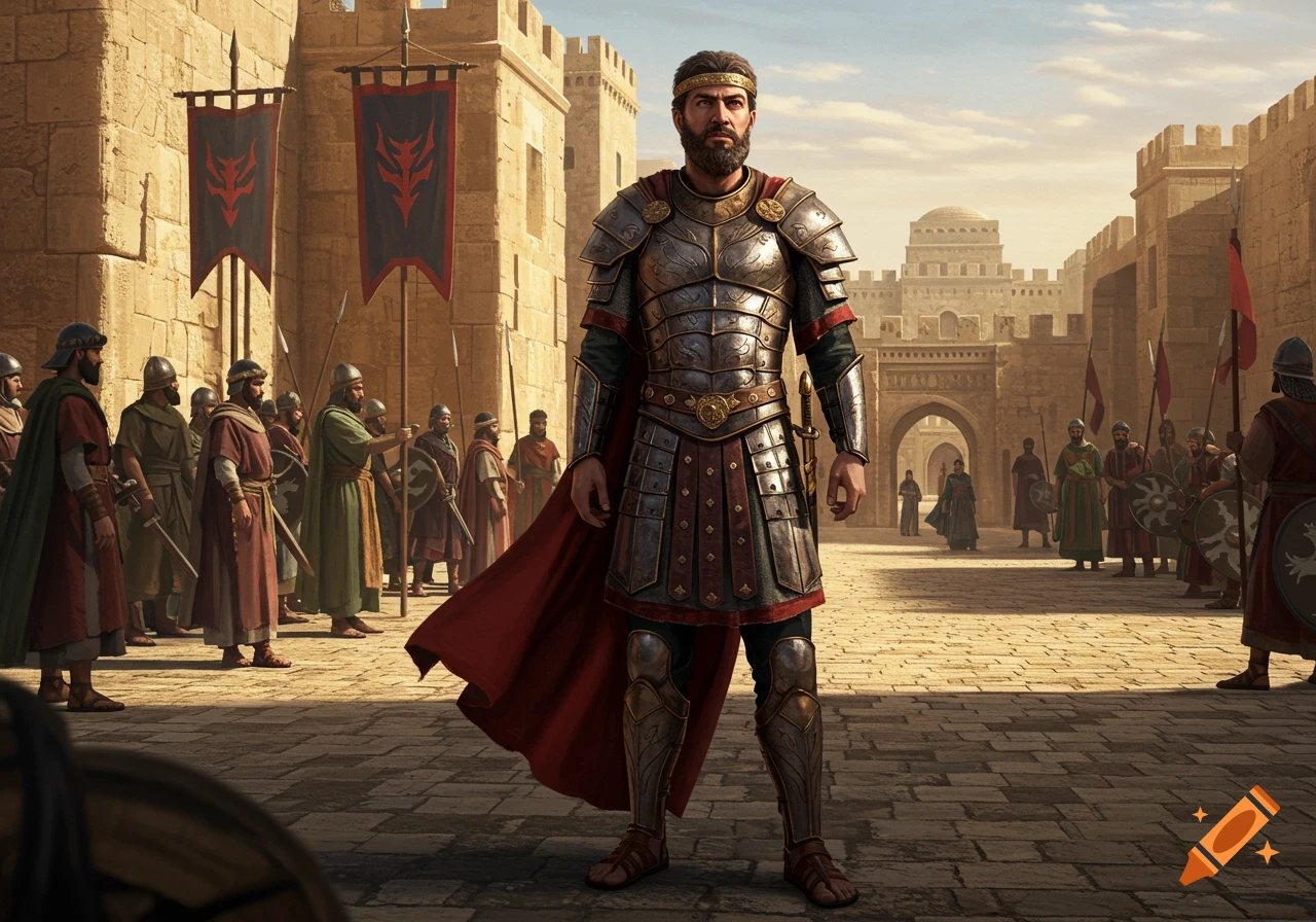 A photorealistic depiction of a stern Roman emperor, wearing a laurel ...