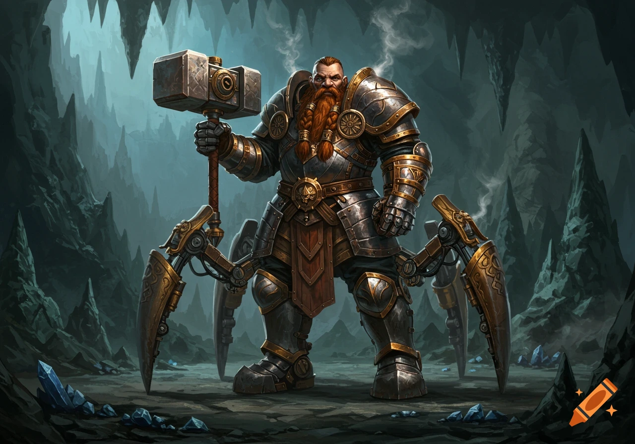A powerful dwarf cleric in golden armor holds a glowing hammer and ...