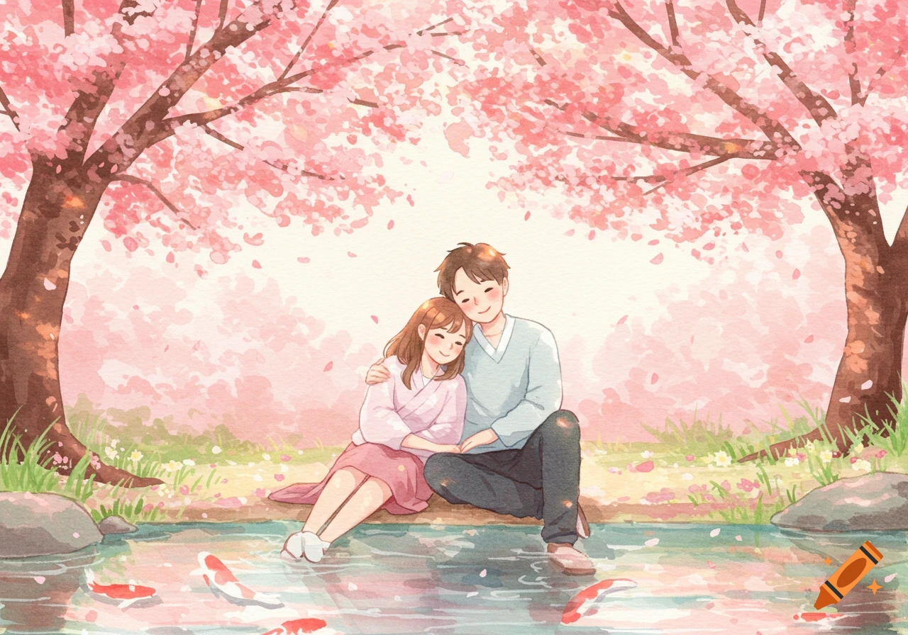 A smiling couple sits under blossoming cherry trees by a pond with koi ...