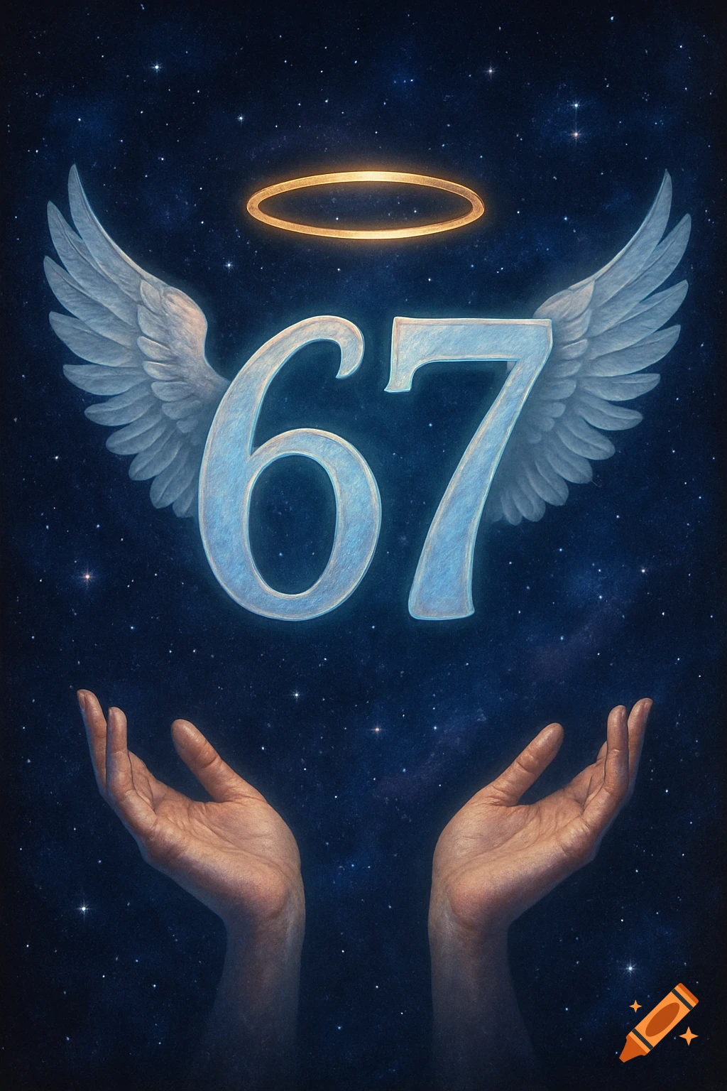 Number 67 with glowing halo and wings, held by two hands, set against a ...