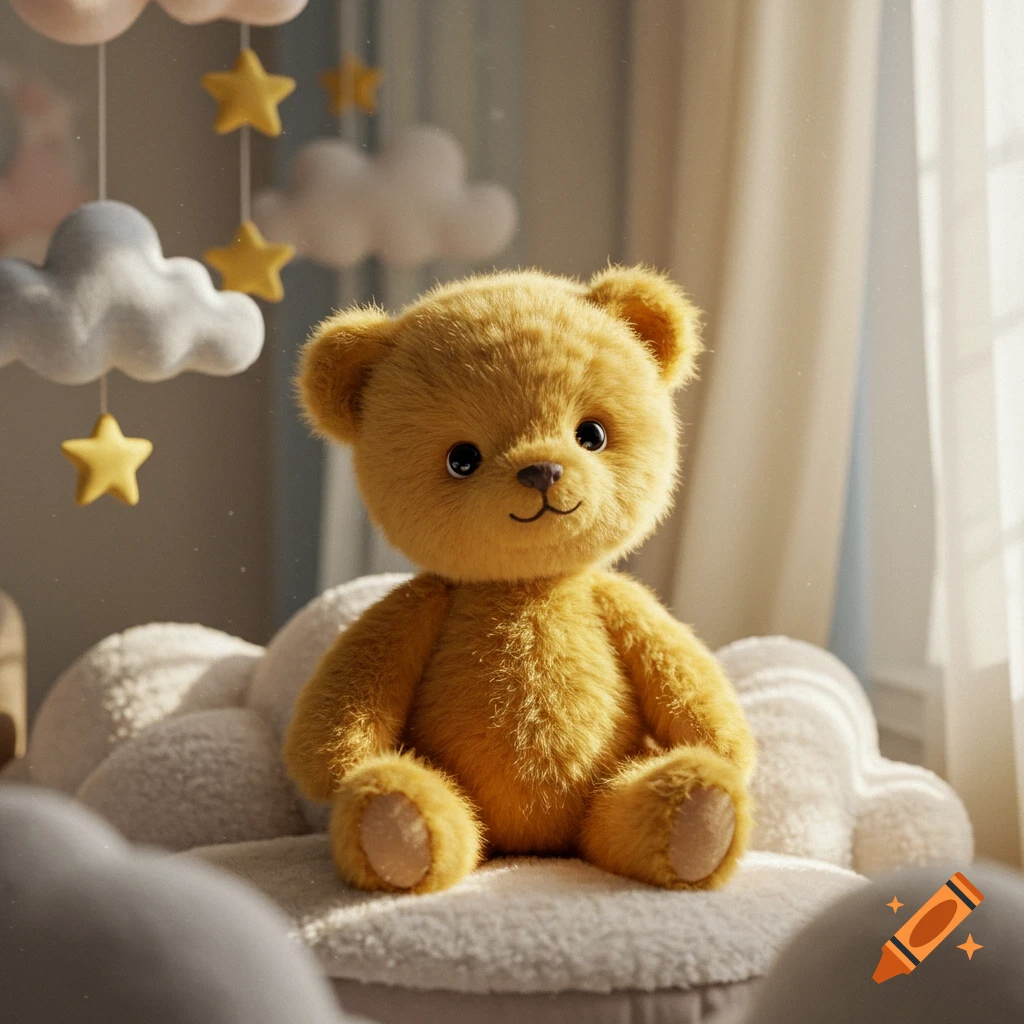 A fluffy, golden-brown teddy bear sits on a white cloud cushion in a sunlit room with hanging ...