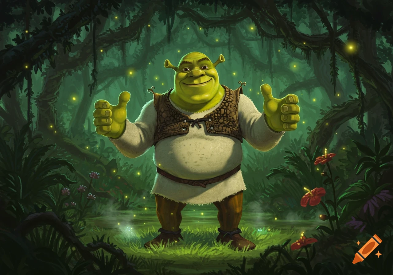 Shrek, a green ogre, smiles and gives a double thumbs-up in a dark ...