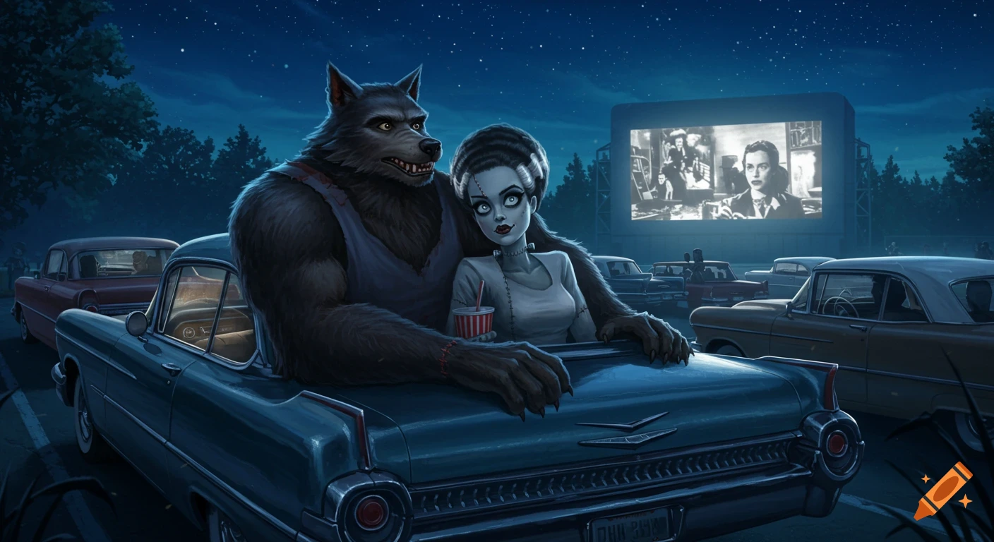 A werewolf and the Bride of Frankenstein sit in a vintage car at a ...