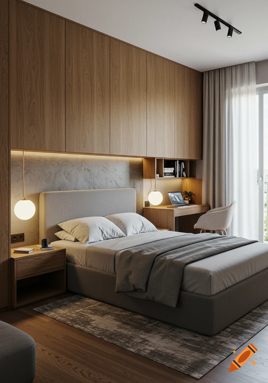A modern bedroom with an integrated bed and storage unit, vanity table ...