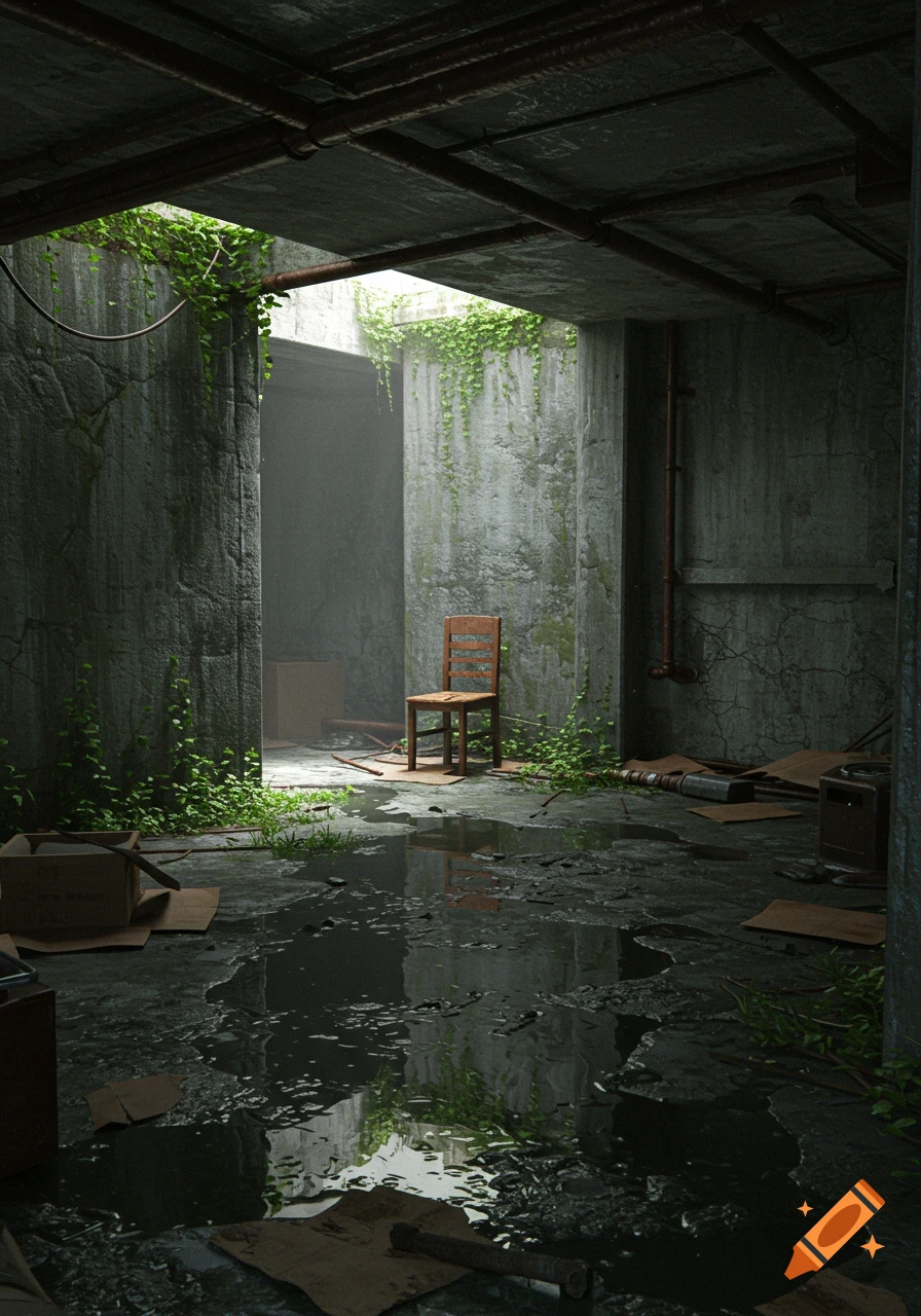 A dilapidated concrete basement with puddles on the floor, overgrown ...