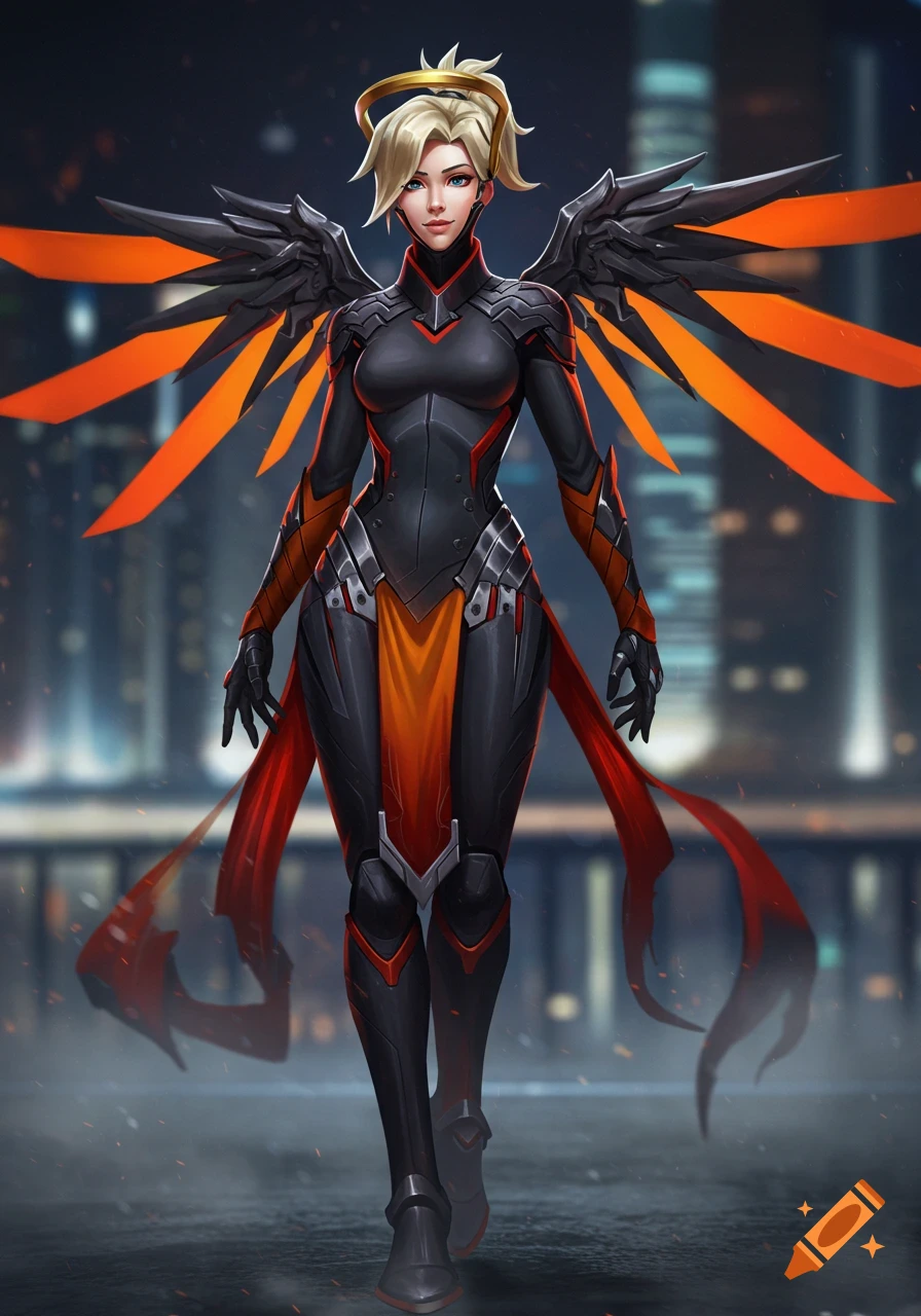 A female character resembling Overwatch's Mercy in a black and red suit ...