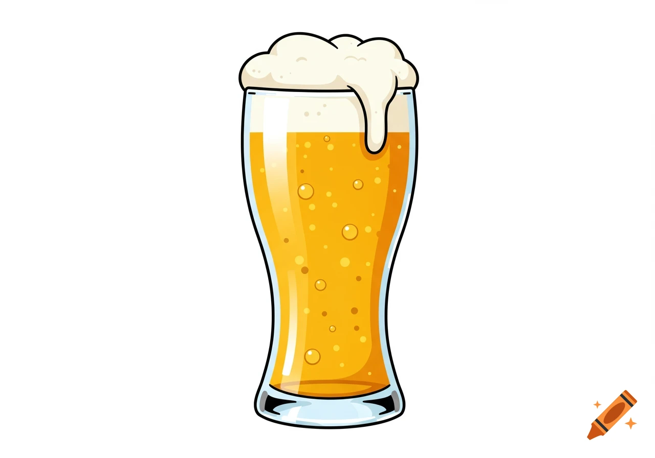 A cartoon illustration of a glass of beer with foam and two green hops ...