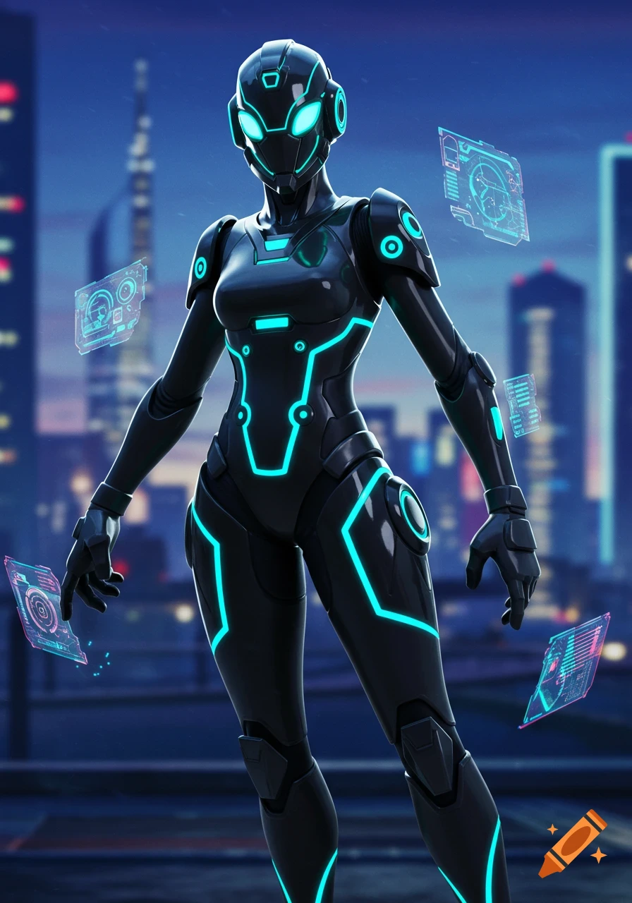 A sleek, black and blue glowing futuristic robot stands in a neon-lit ...