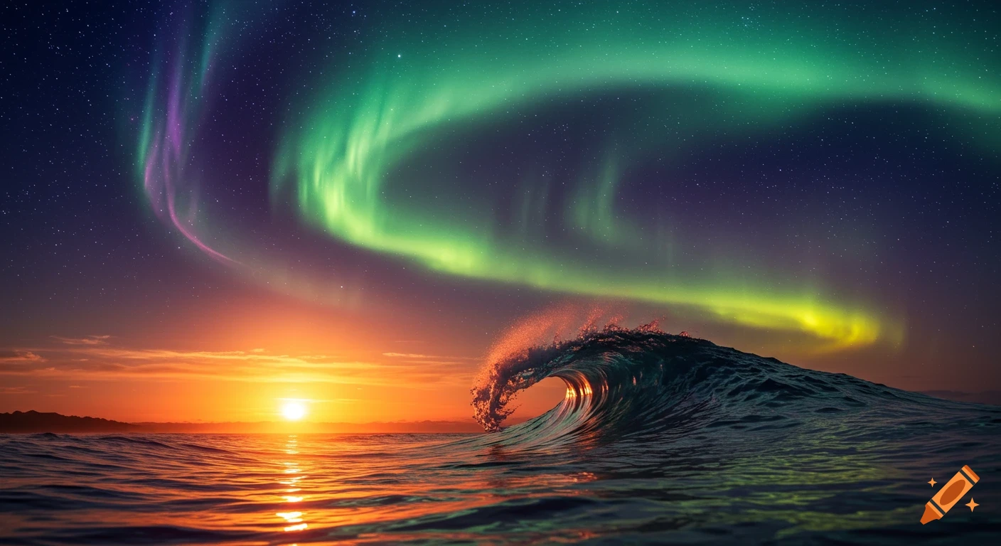 A vibrant wave breaking at sunset under an aurora-filled sky. on Craiyon