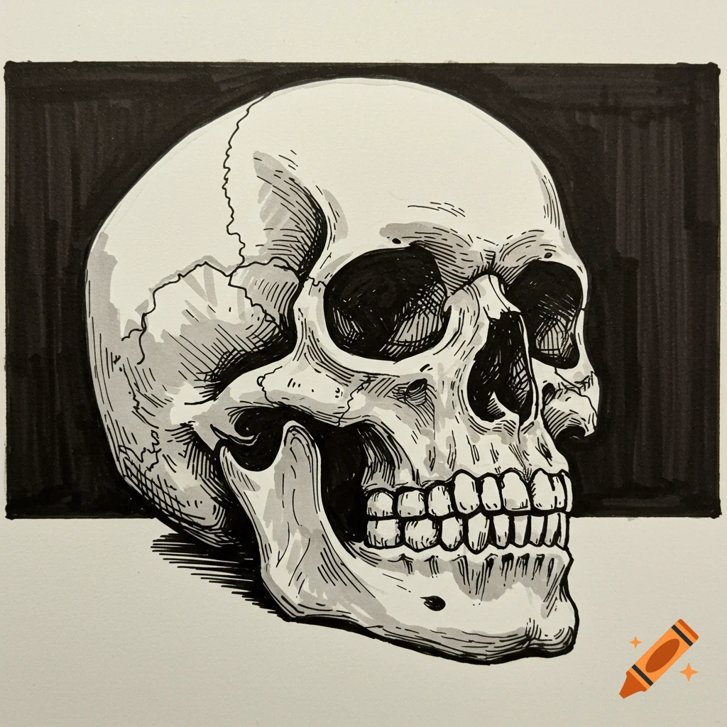 A detailed marker illustration of a human skull viewed from a three ...