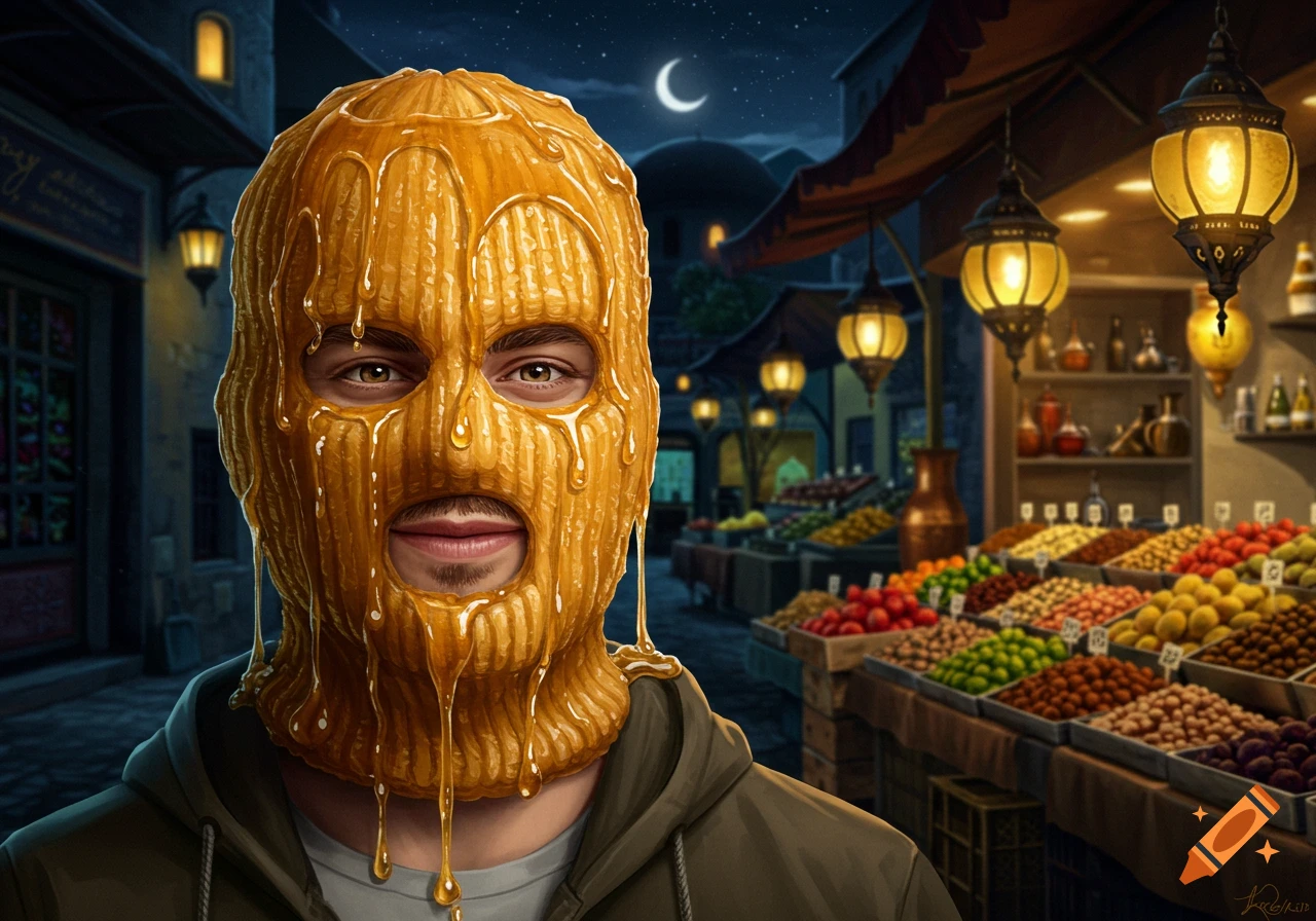 A man wearing a dripping, golden baklava ski mask stands in a vibrant ...