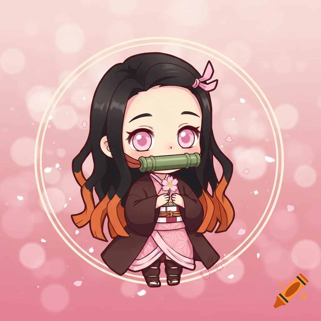 A cute chibi Nezuko Kamado from Demon Slayer, holding a cherry blossom, against a pink bokeh ...