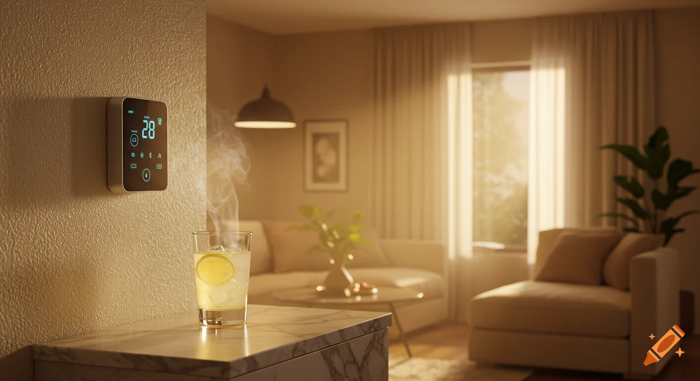 A modern smart thermostat on a textured wall next to a glass of iced ...