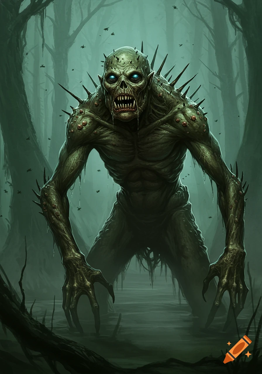 A grotesque insect-like monster with glowing green eyes and sharp claws ...