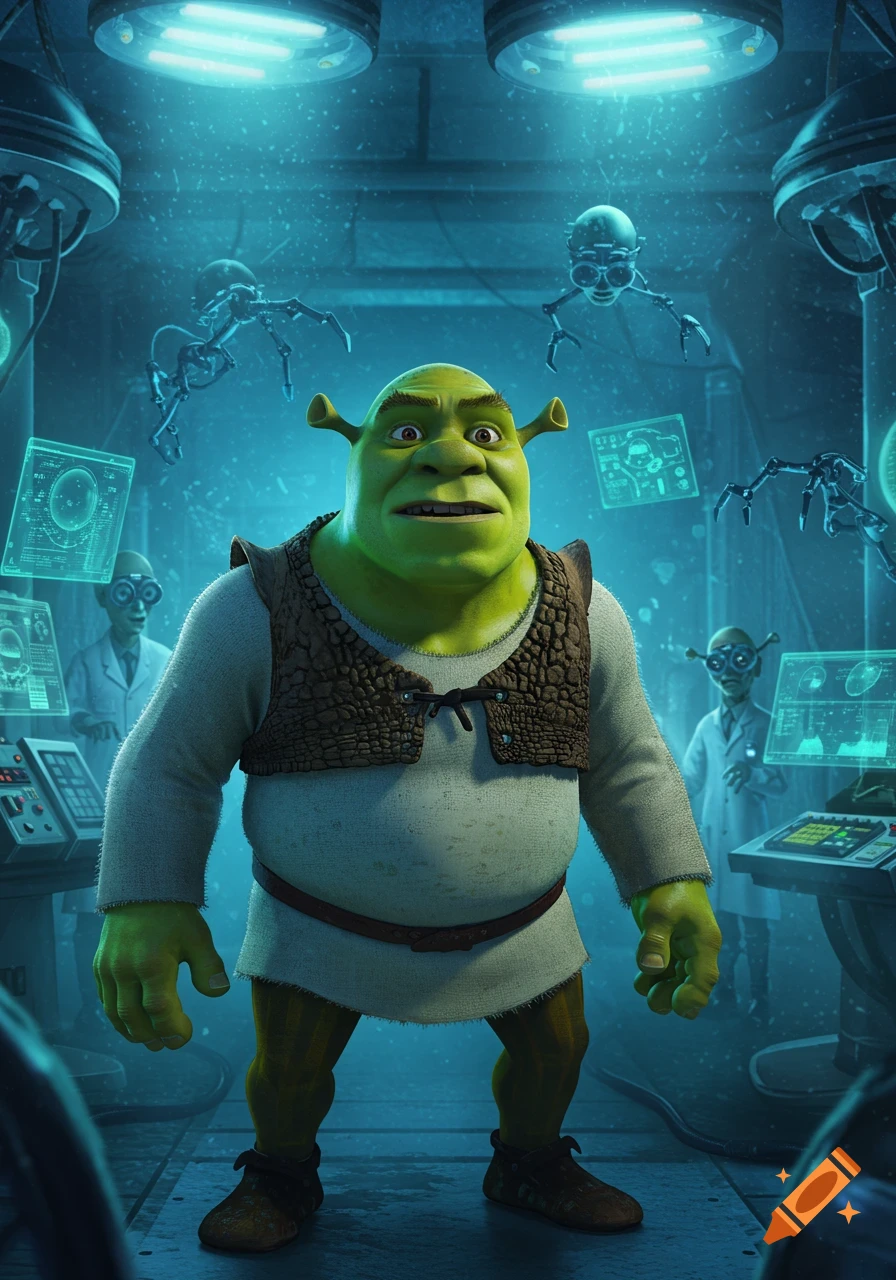 Shrek looks scared while being examined in a glowing blue sci-fi ...