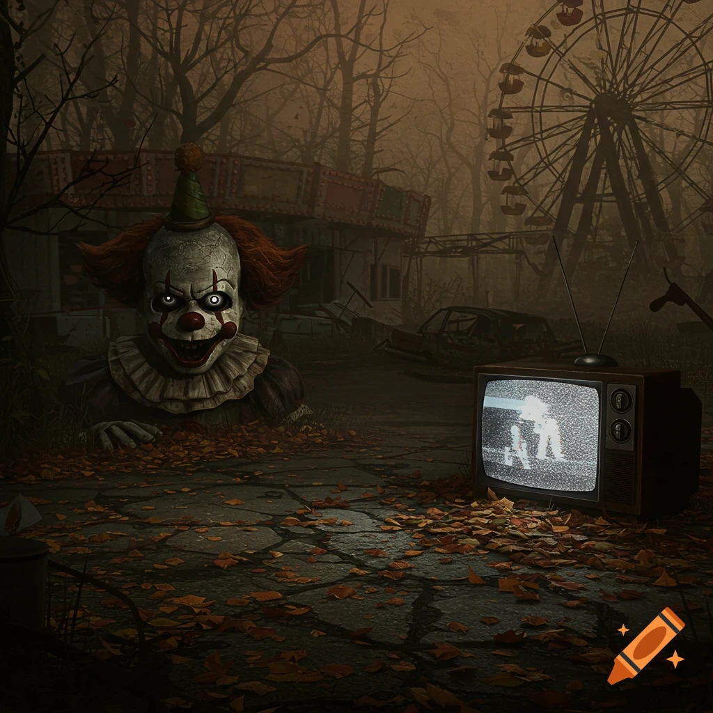 A creepy clown with glowing eyes emerges from leaves in a dark ...