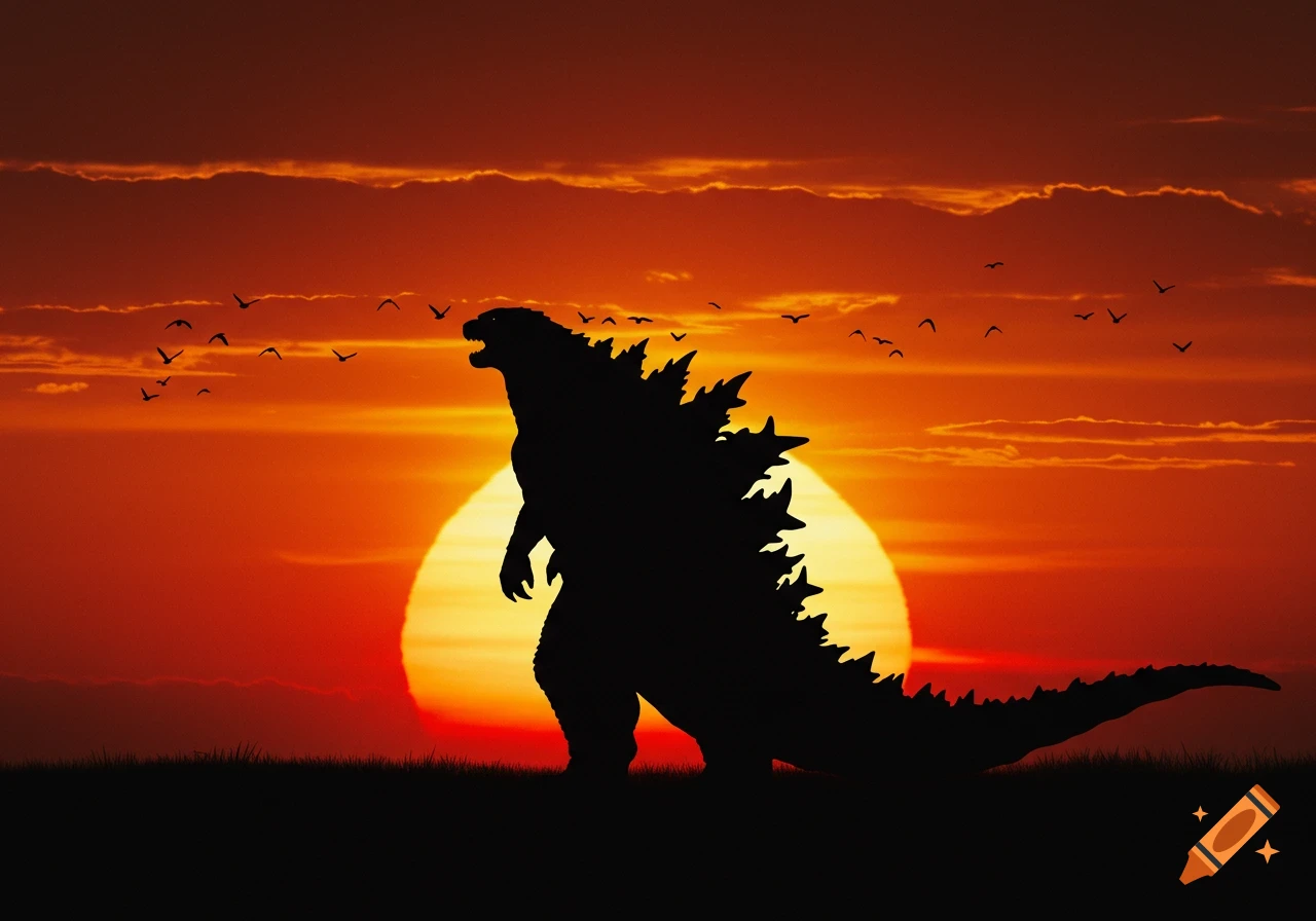 A black silhouette of Godzilla stands on a horizon against a vibrant ...