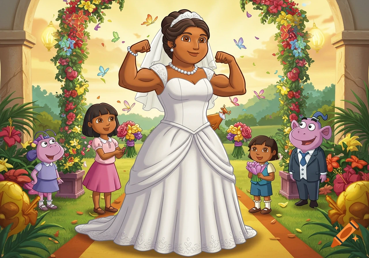 Dora's muscular aunt in a white wedding dress flexes her biceps ...