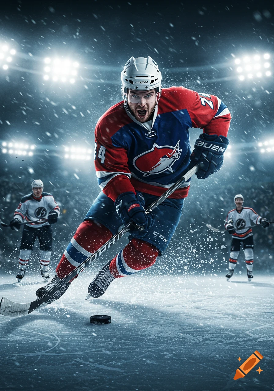 A hockey player on an outdoor rink, hitting a puck and kicking up ice ...