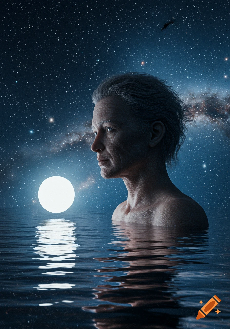 Photorealistic image of an older person emerging from water, gazing at ...