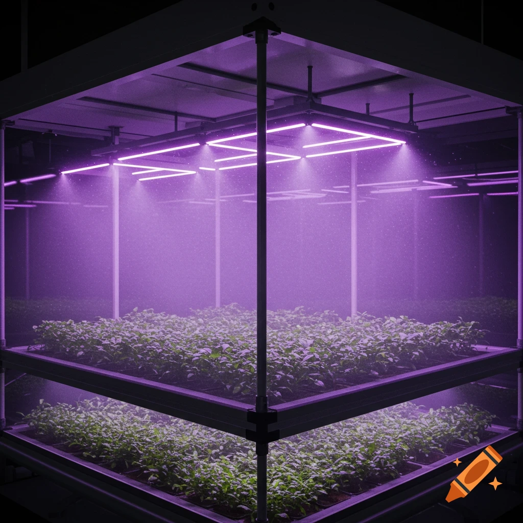 Indoor plant growing chamber with multiple tiers of green plants under ...