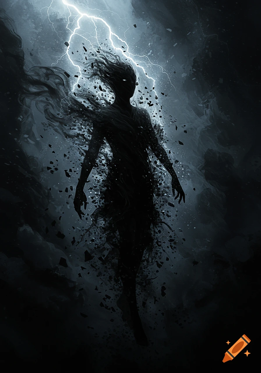 A dark, swirling vortex with numerous shadowy, ghost-like human figures ...