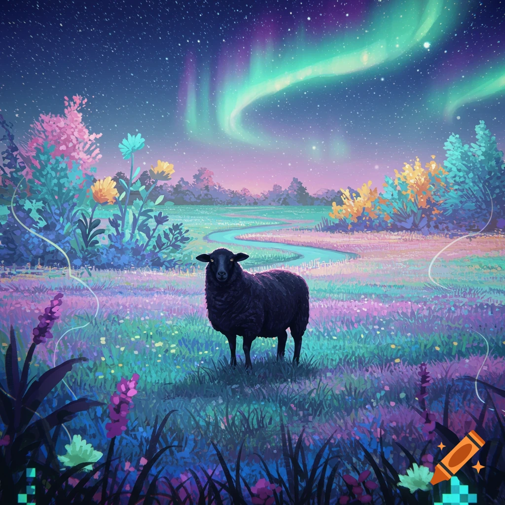 A black sheep stands in a vibrant, flower-filled field under a starry ...