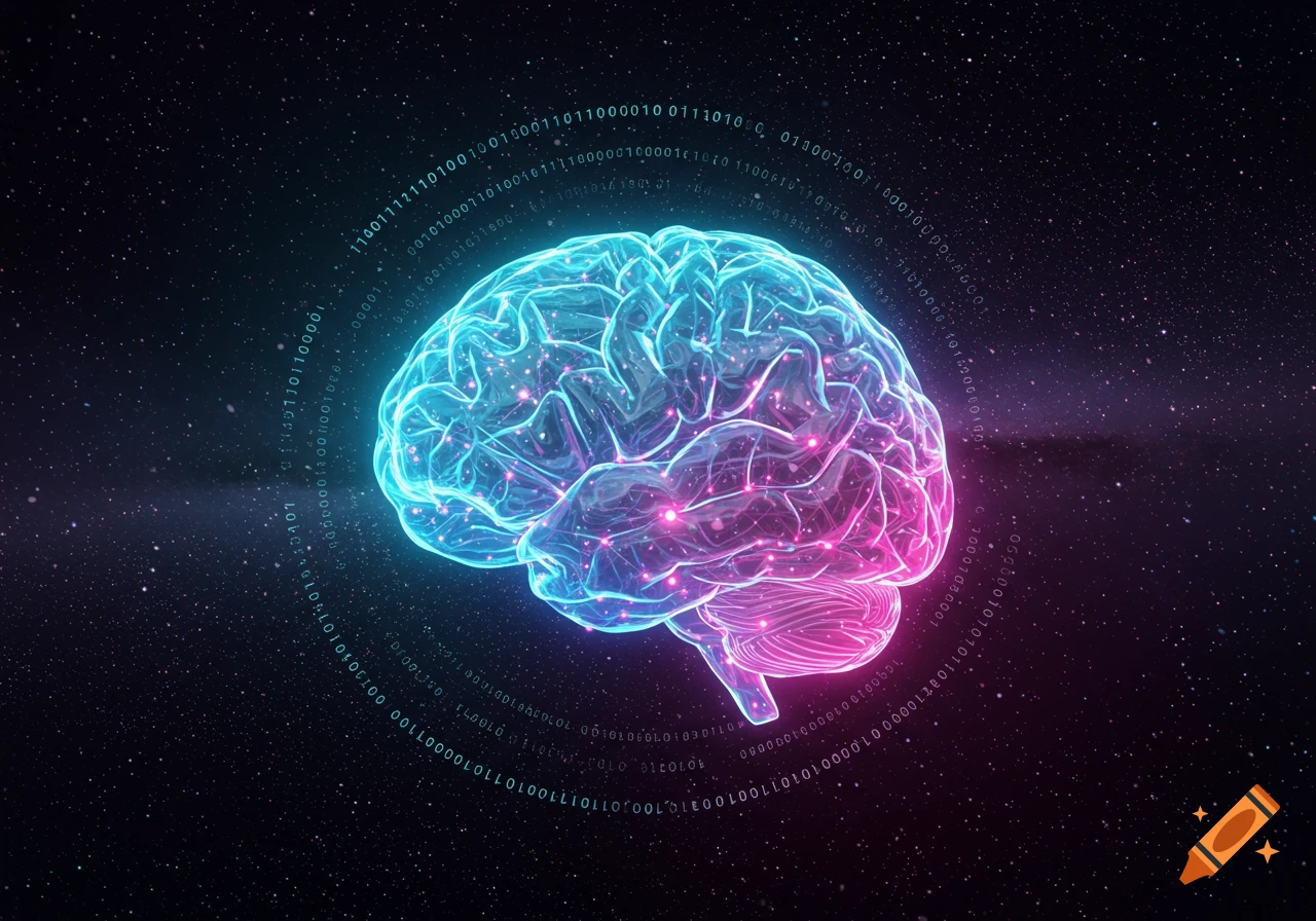 A glowing, neon-colored brain with binary code circulating around it ...