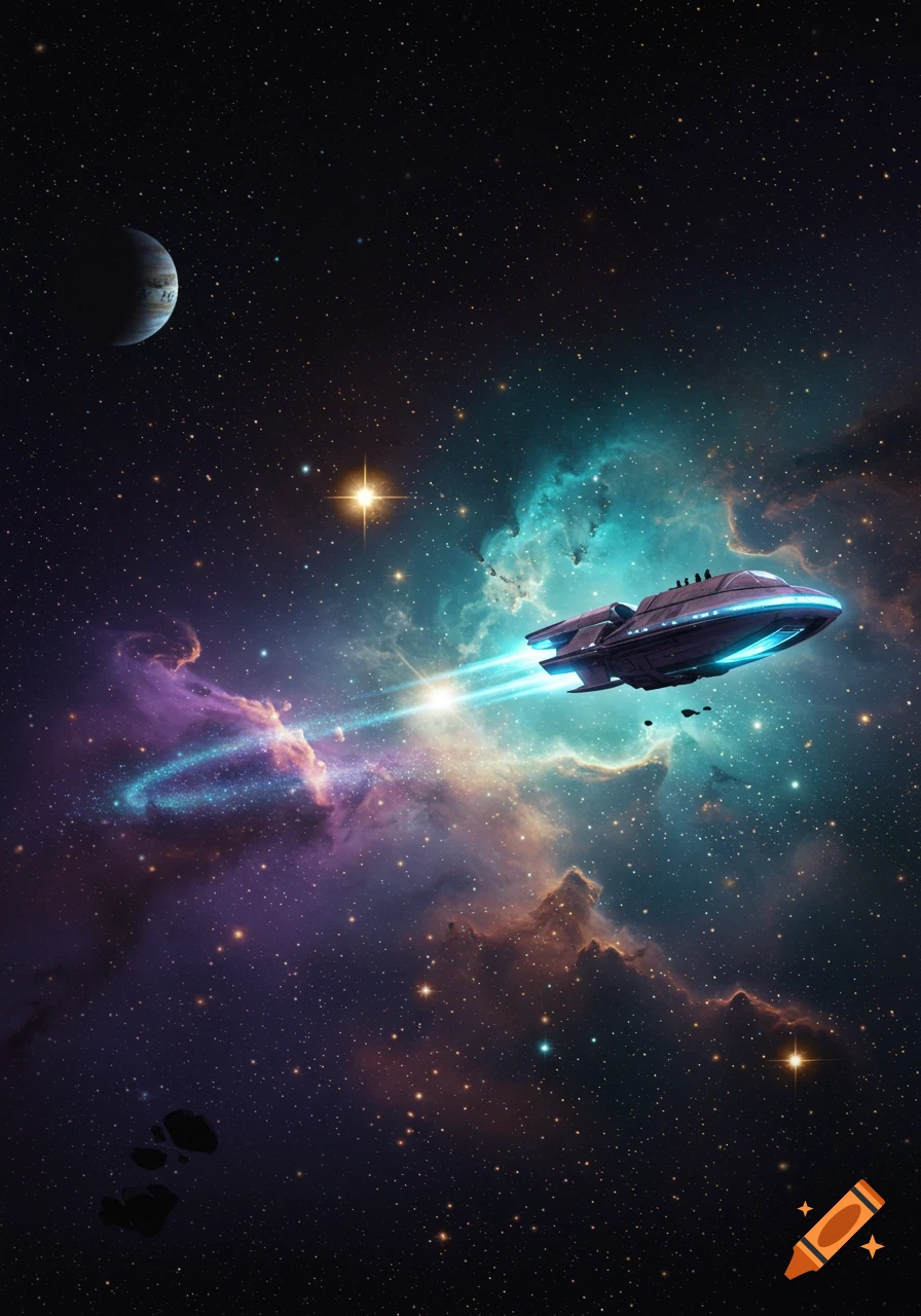 A large, silver spaceship with glowing engines flies past a striped gas ...