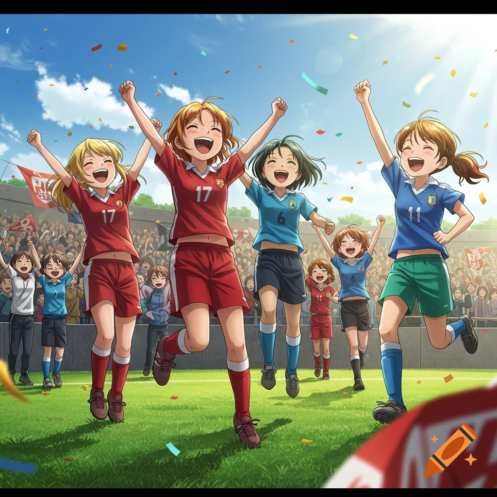 An animated soccer team of girls with arms raised in victory ...