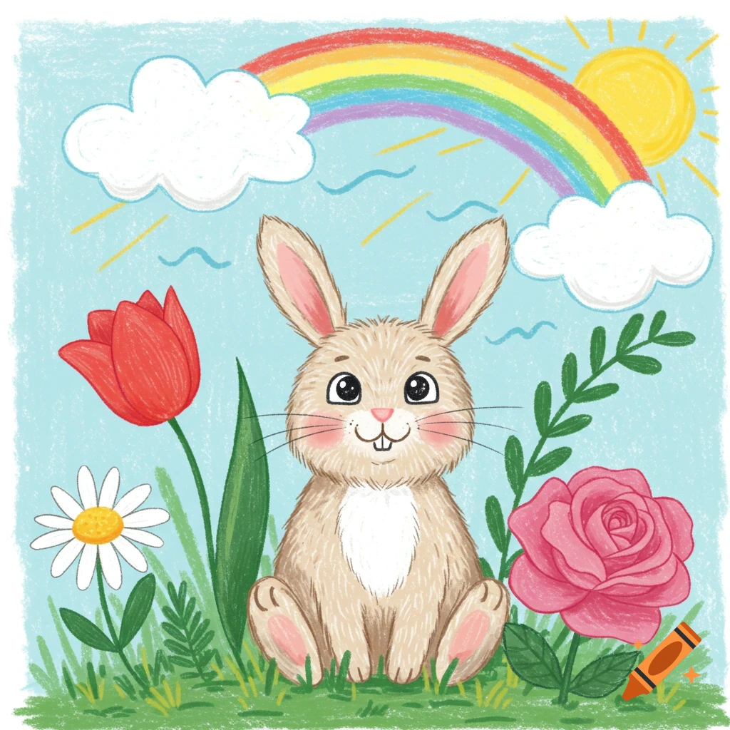 A cute cartoon rabbit sits in green grass among a red tulip, white ...