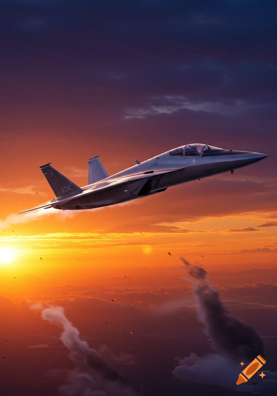 A sleek fighter jet soars through a vibrant red and orange sunset above ...