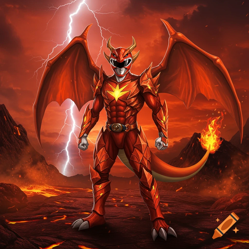 A red Power Ranger-Charizard hybrid with dragon wings and horns stands ...