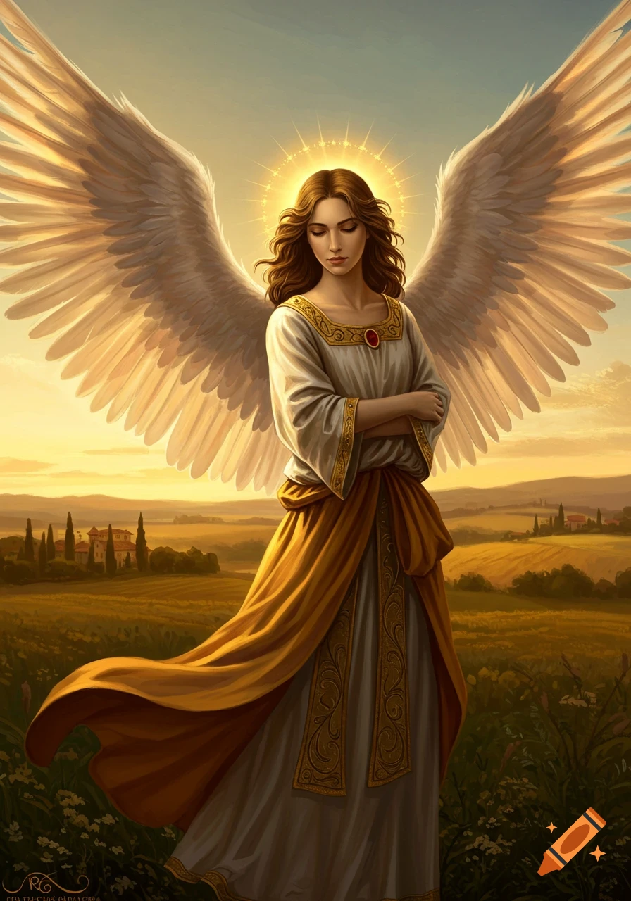 A Renaissance-style painting of a female angel with large white wings ...