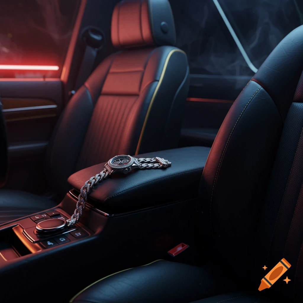 A close-up of a luxurious dark car interior with black leather seats ...
